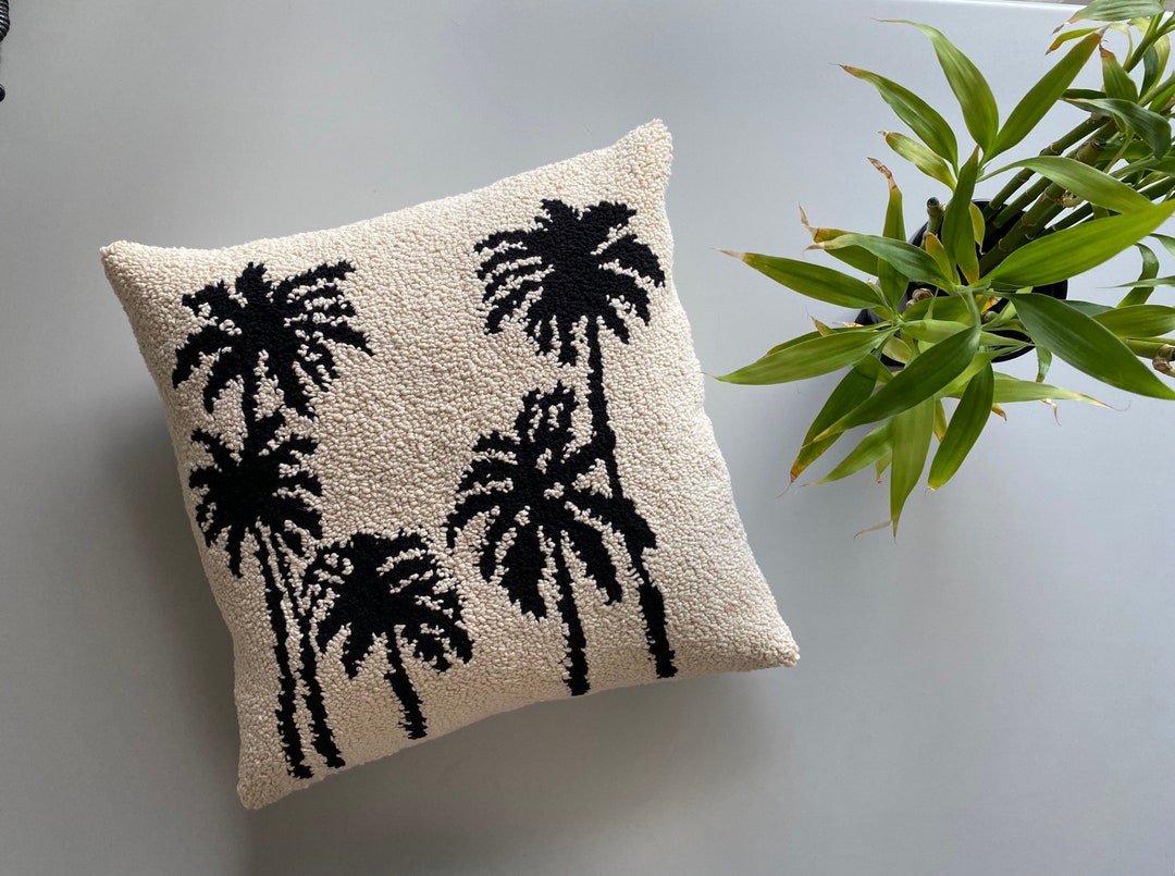 Handmade Punch Needle Palm Tree Pillow Cover: 100% Cotton, Decorative ...