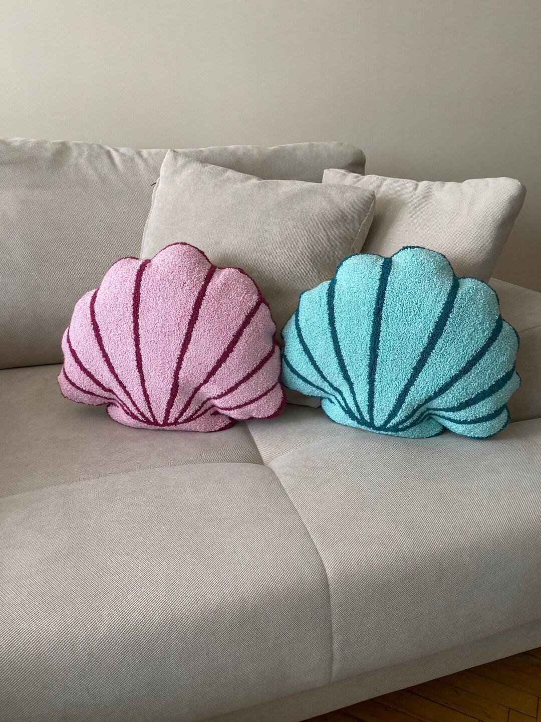 Handmade Punch Needle Seashell Pillow: Natural Cotton Decorative Pillow ...