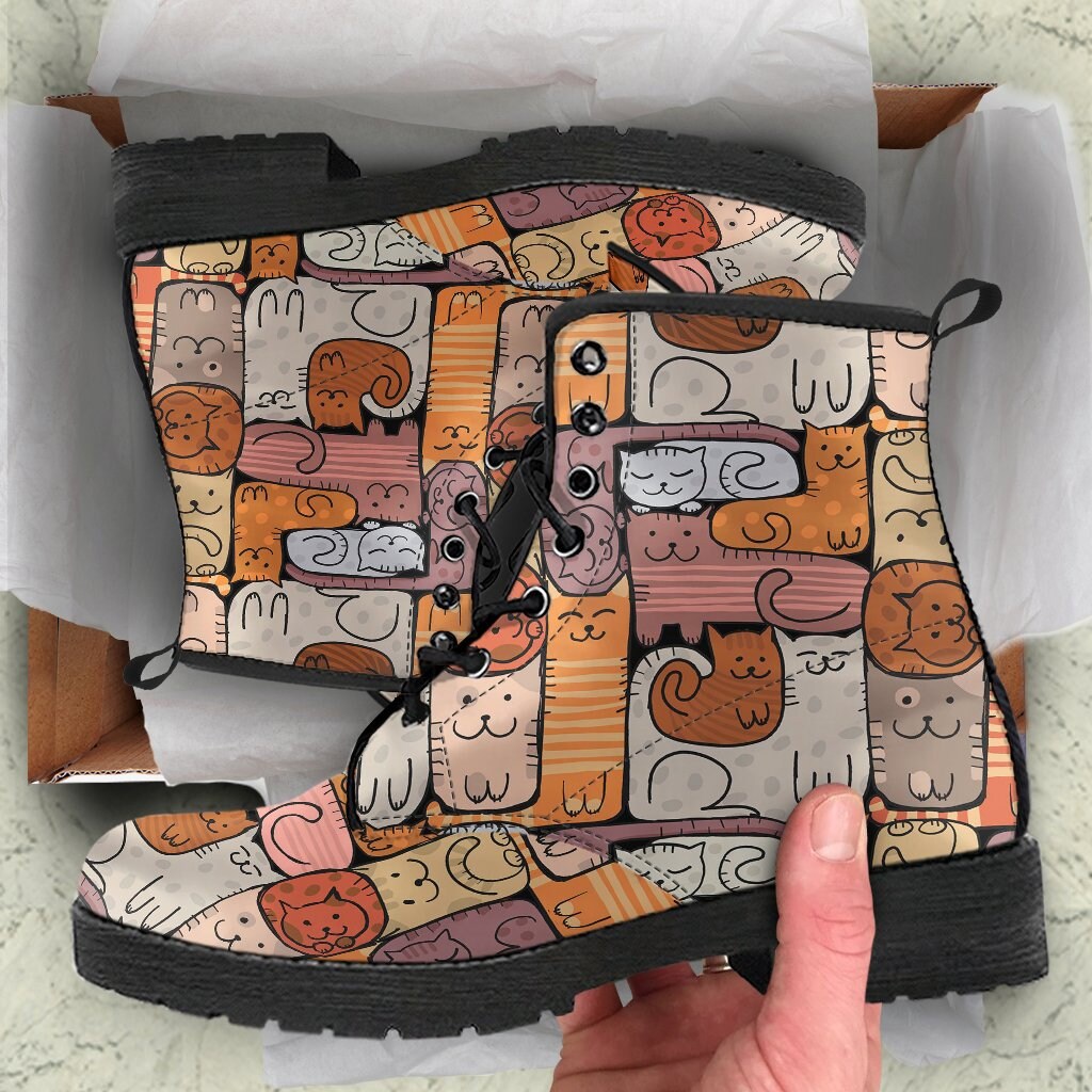 Funny Cat Boots / Cute Cats Combat Boots / Cartoon Cats Vegan - Etsy