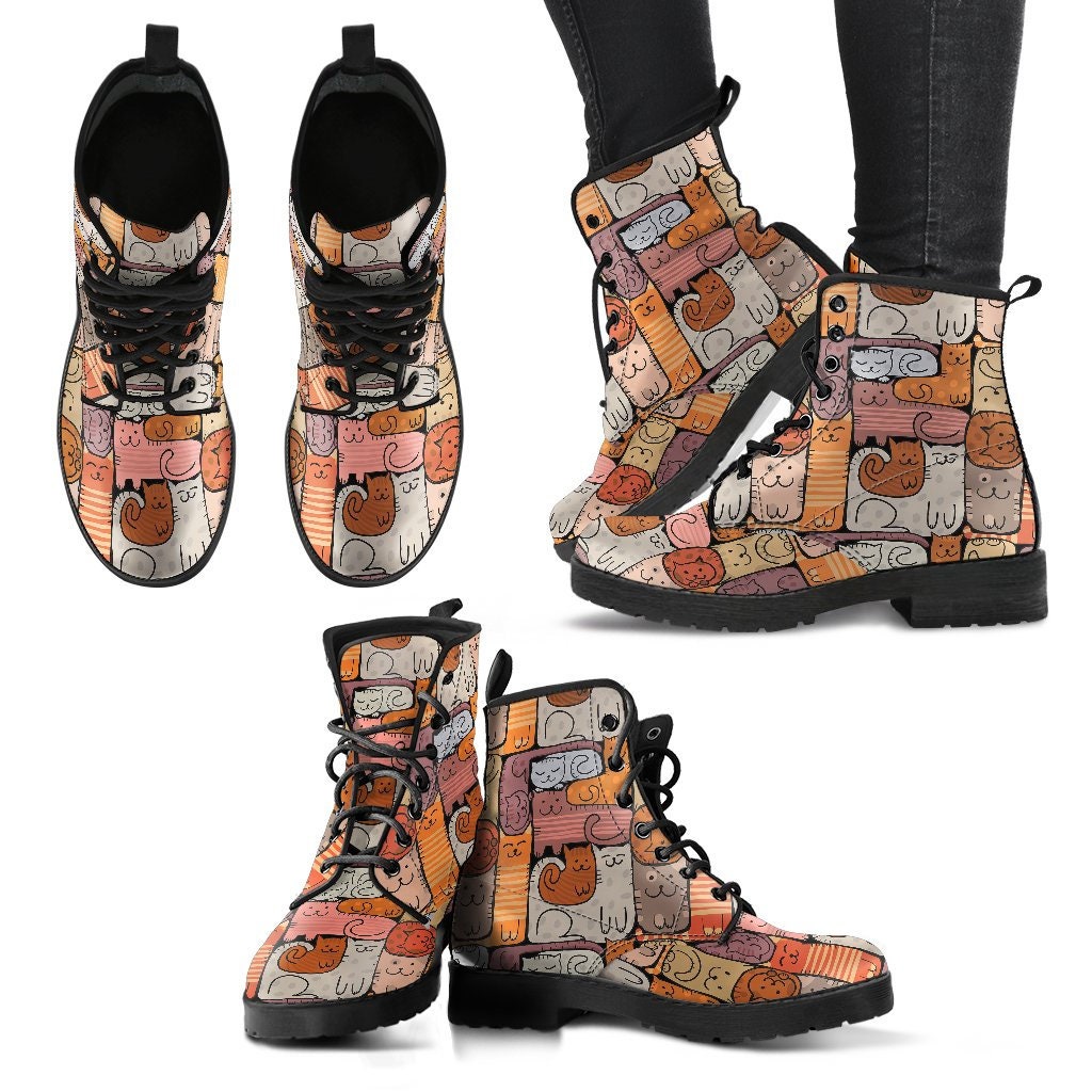 Funny Cat Boots / Cute Cats Combat Boots / Cartoon Cats Vegan - Etsy