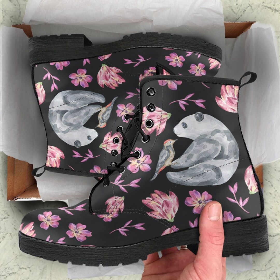 Cute Panda Floral Boots // Handmade Boho Animal Combat Boots // Vegan ...