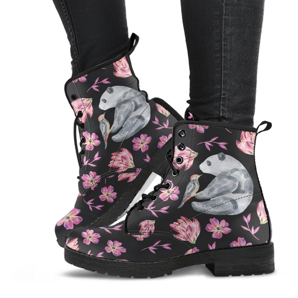 Cute Panda Floral Boots // Handmade Boho Animal Combat Boots - Etsy