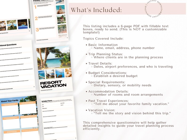 Resort Vacation Consultation Questionnaire, Travel Agent Forms - Etsy
