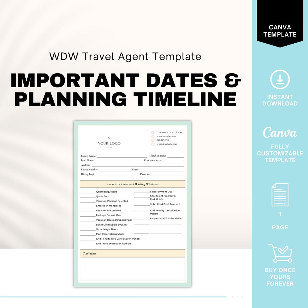 Important Dates & Booking Timeline Template, Travel Agent Template - Etsy