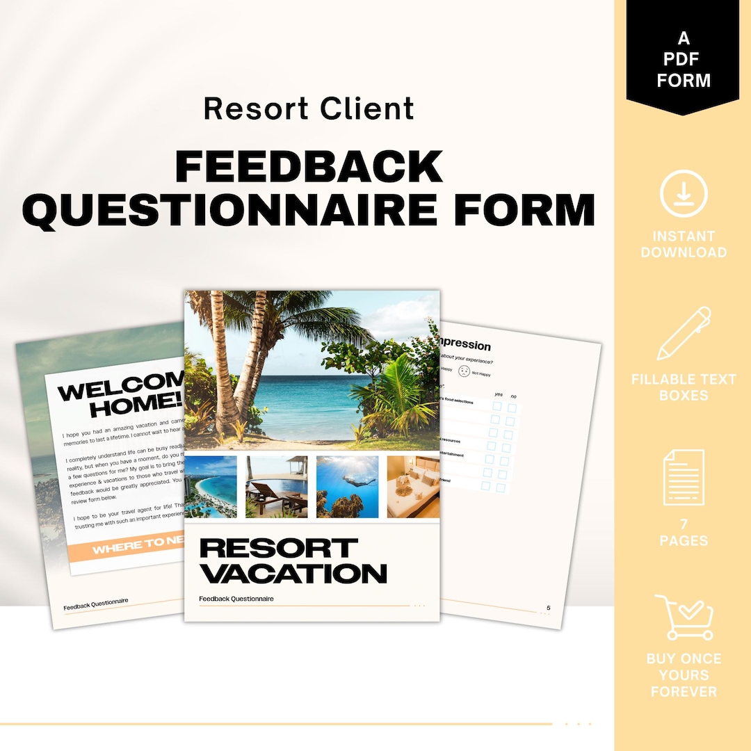 Resort Vacation Feedback Questionnaire, Travel Agent Forms - Etsy