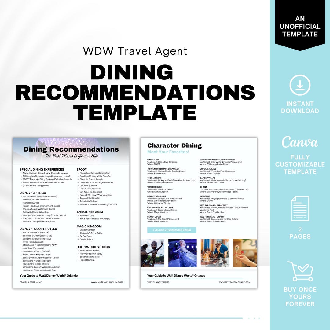 Travel Agent Dining Recommendations Template, WDW Template, Travel ...