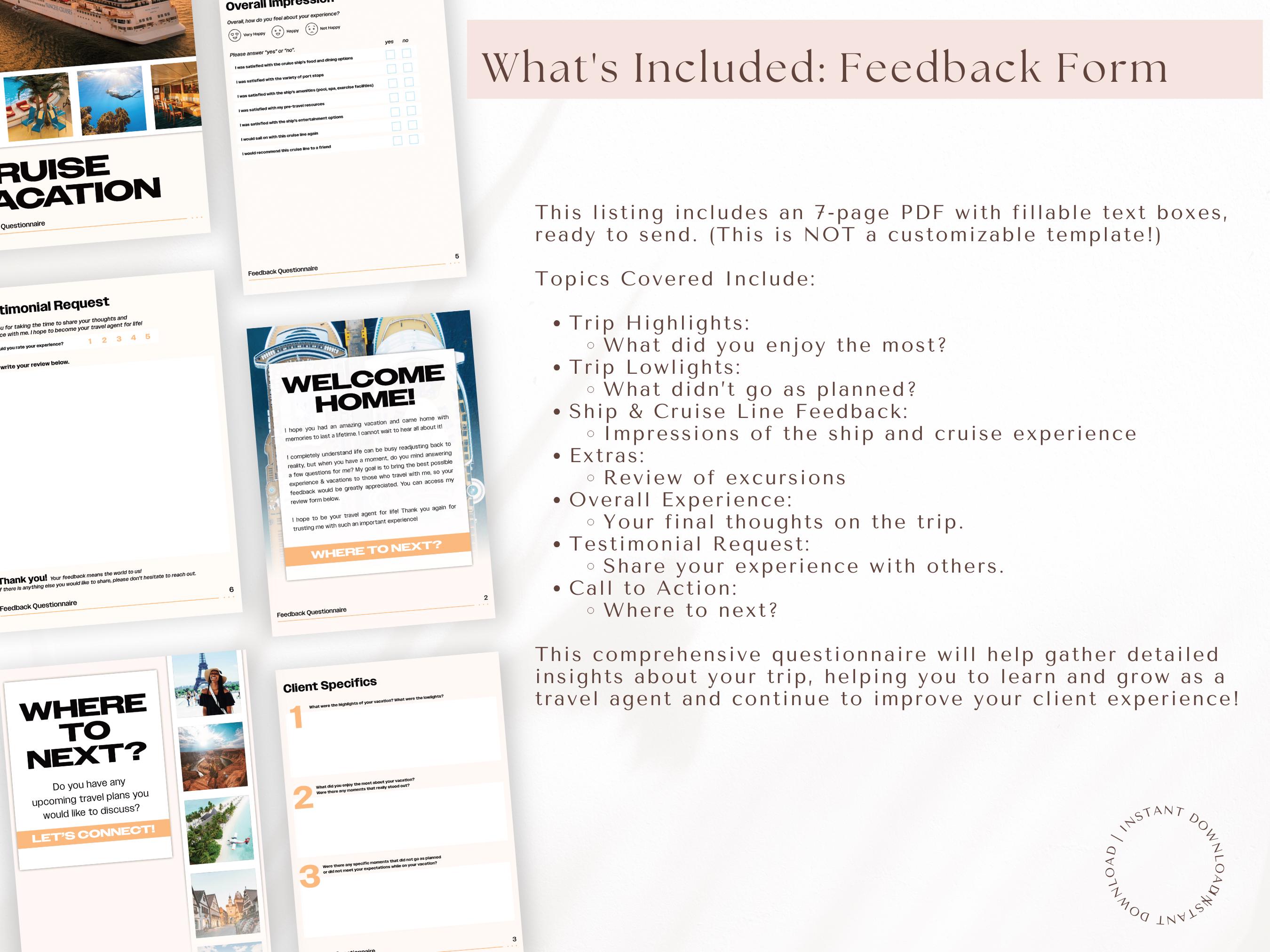 Cruise Vacation Feedback Questionnaire, Travel Agent Forms - Etsy