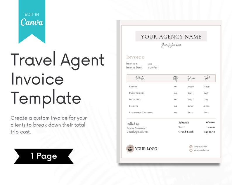 Travel Agent Invoice Template - Etsy