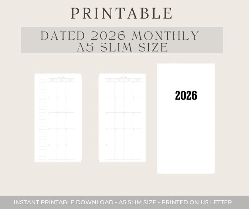 2026 Dated Monthly - A5 SLIM - Printable Inserts - Simple - Etsy