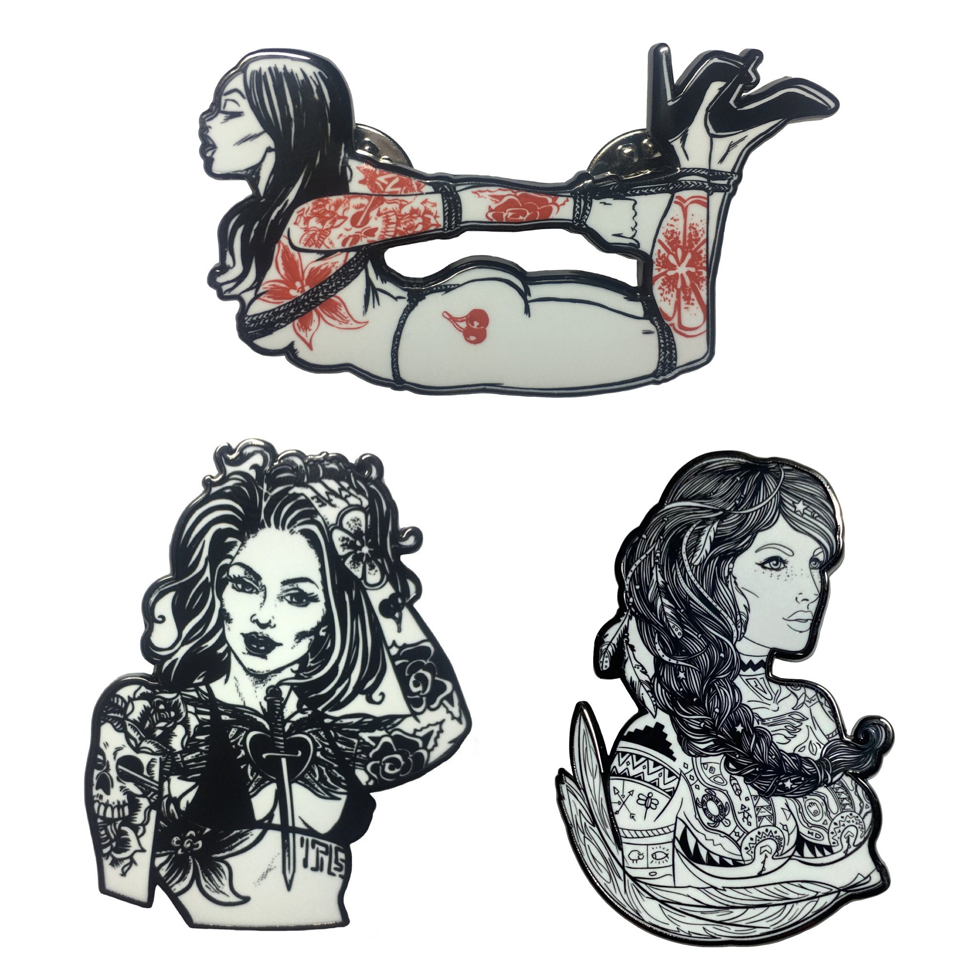 Tattoo Woman Sexy Enamel Pin Skull Tattoo Woman Biker Sexy Etsy