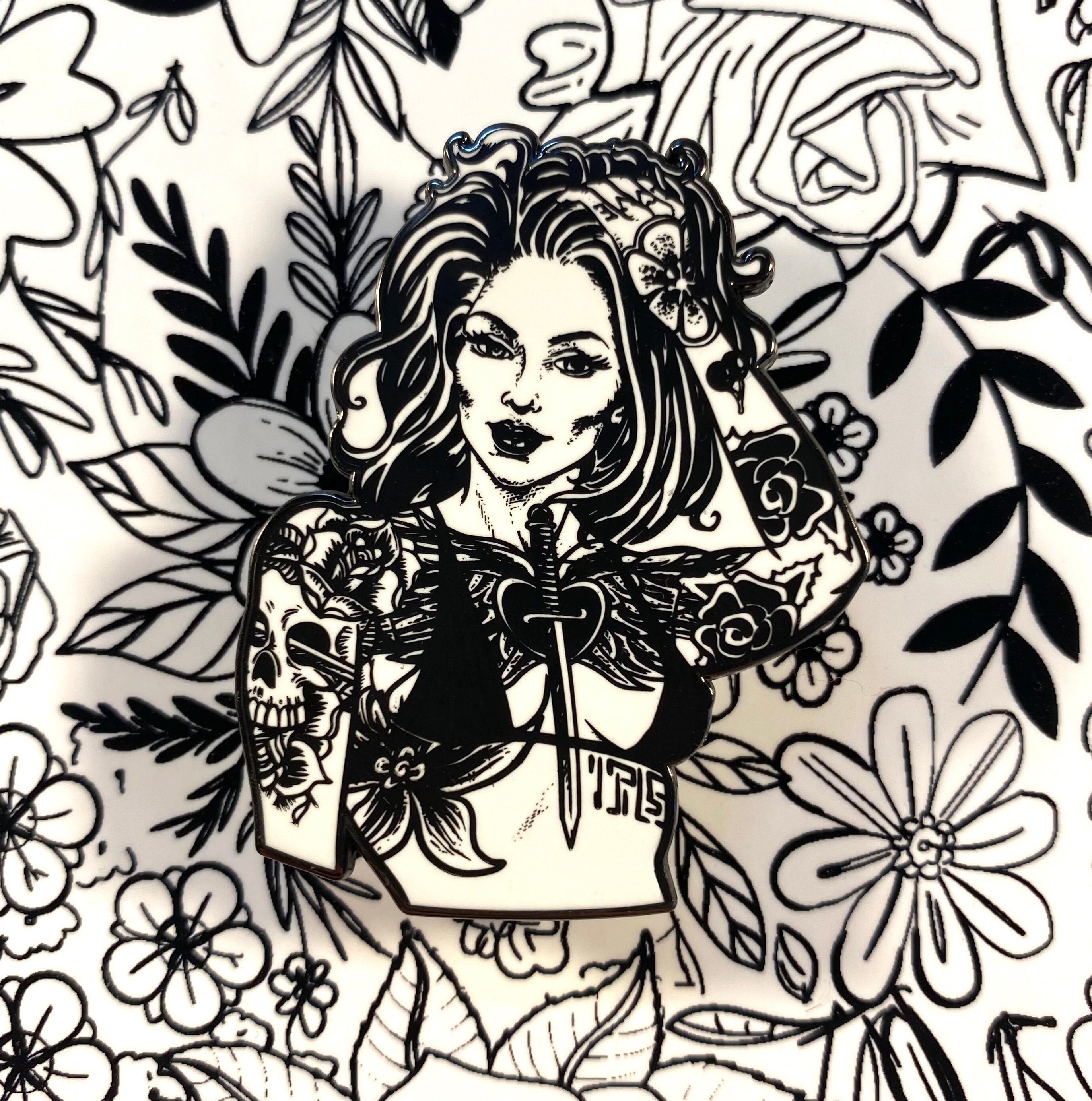 Tattoo Woman Sexy Enamel Pin Skull Tattoo Woman Biker Sexy Etsy