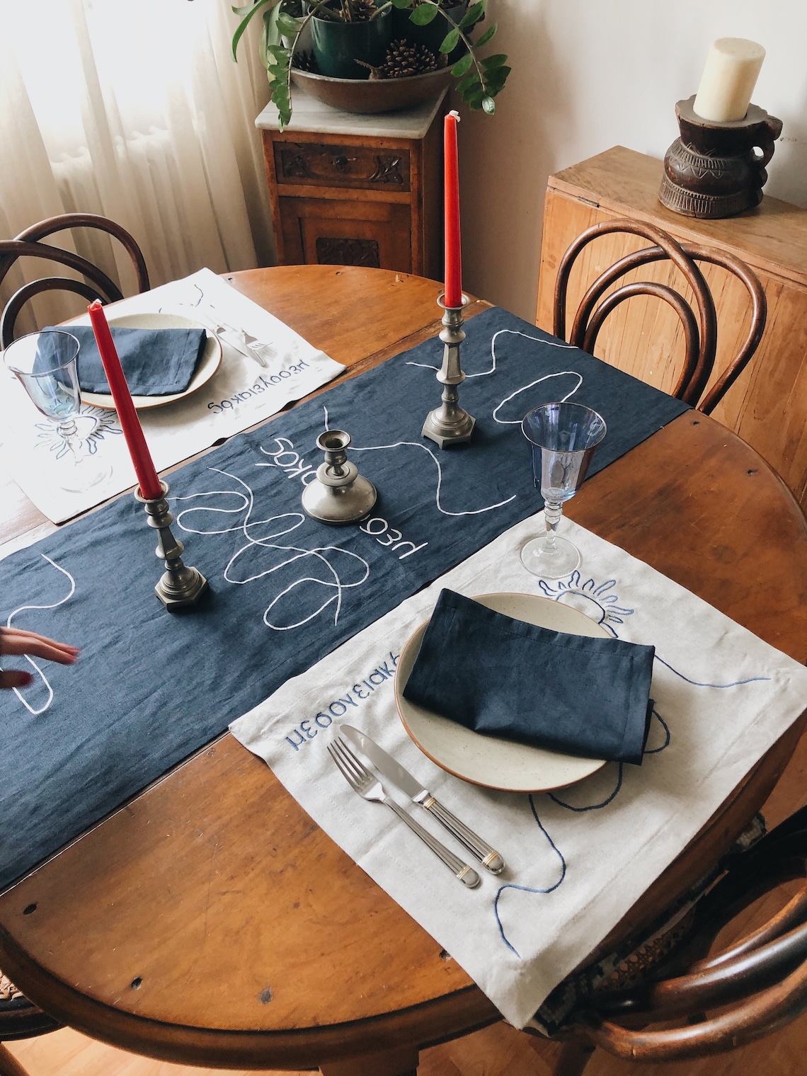 Table Linen Set : Runner Placemats Napkins. Embroidered Navy | Etsy