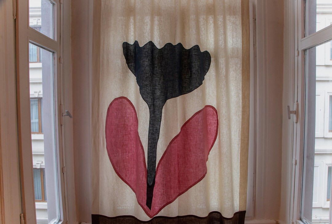 Flower Design Linen Curtain / Handmade Patchwork Textile Art / Custom ...