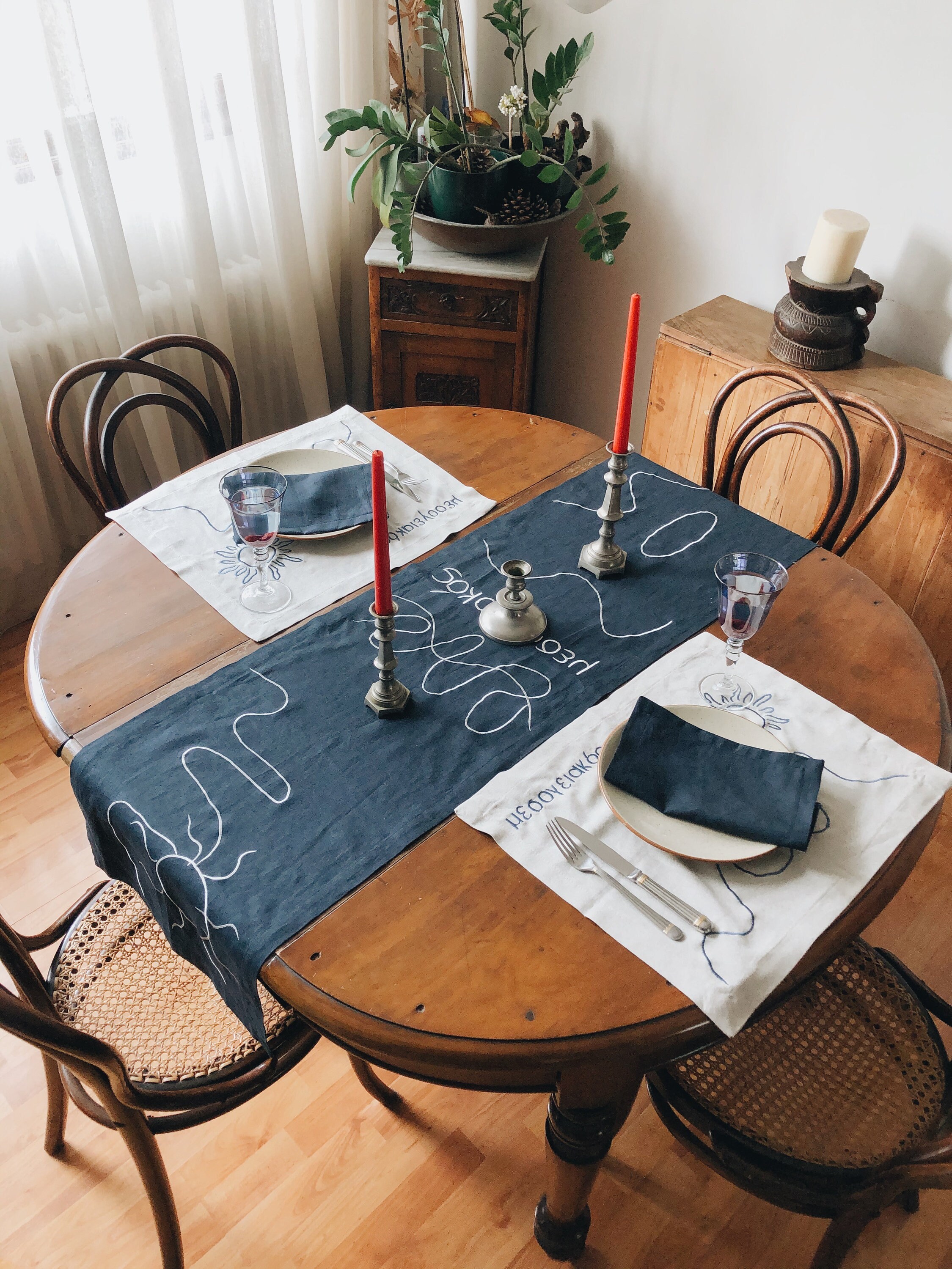 Table Linen Set : Runner Placemats Napkins. Embroidered Navy - Etsy