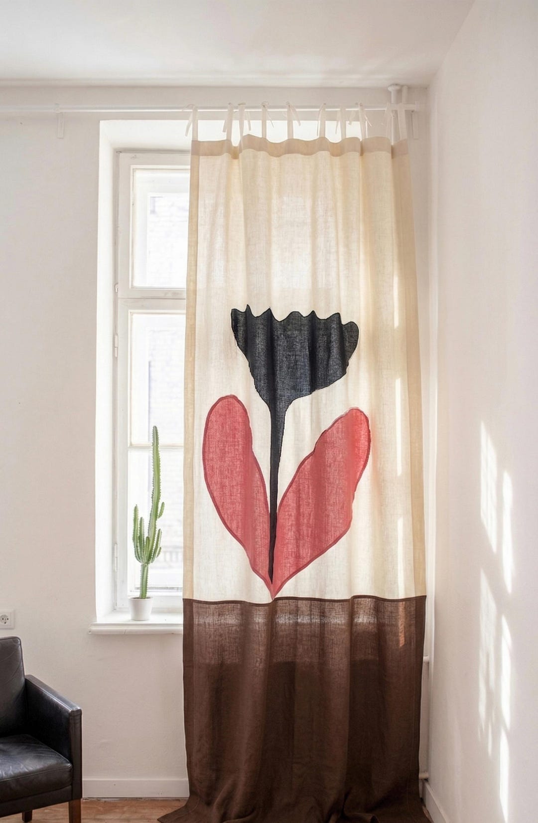 Flower & Love Design Linen Curtain / Handmade Patchwork Textile Art ...