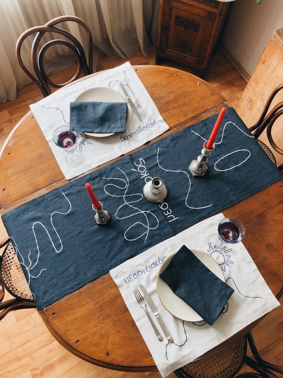 Table Linen Set : Runner Placemats Napkins. Embroidered Navy - Etsy