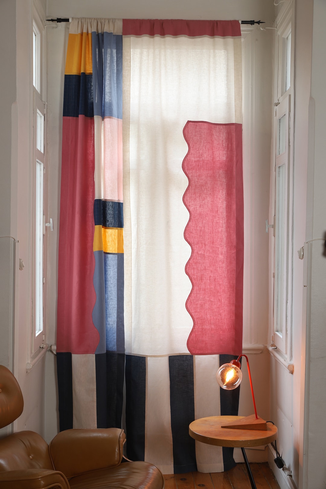 Pink Wavy Design Linen Curtain / Pop Art Sheer Linen Curtain / Modern ...