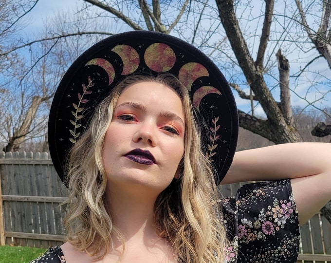Moon Phases & Vines Hat Felt Hat Women's Felt Hat Hand Painted Hat ...