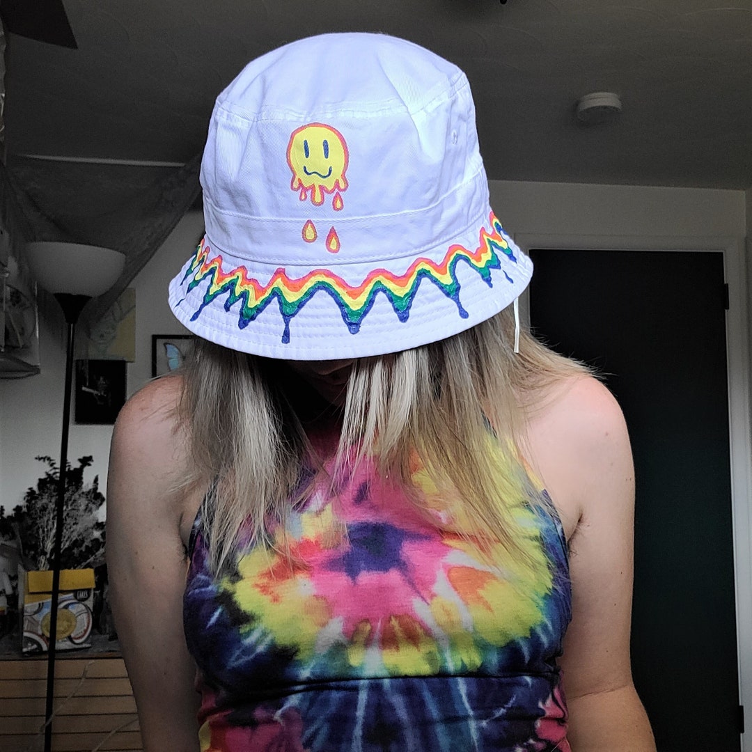 Rainbow Drip Smile Bucket Hat Painted Bucket Hat Hand - Etsy