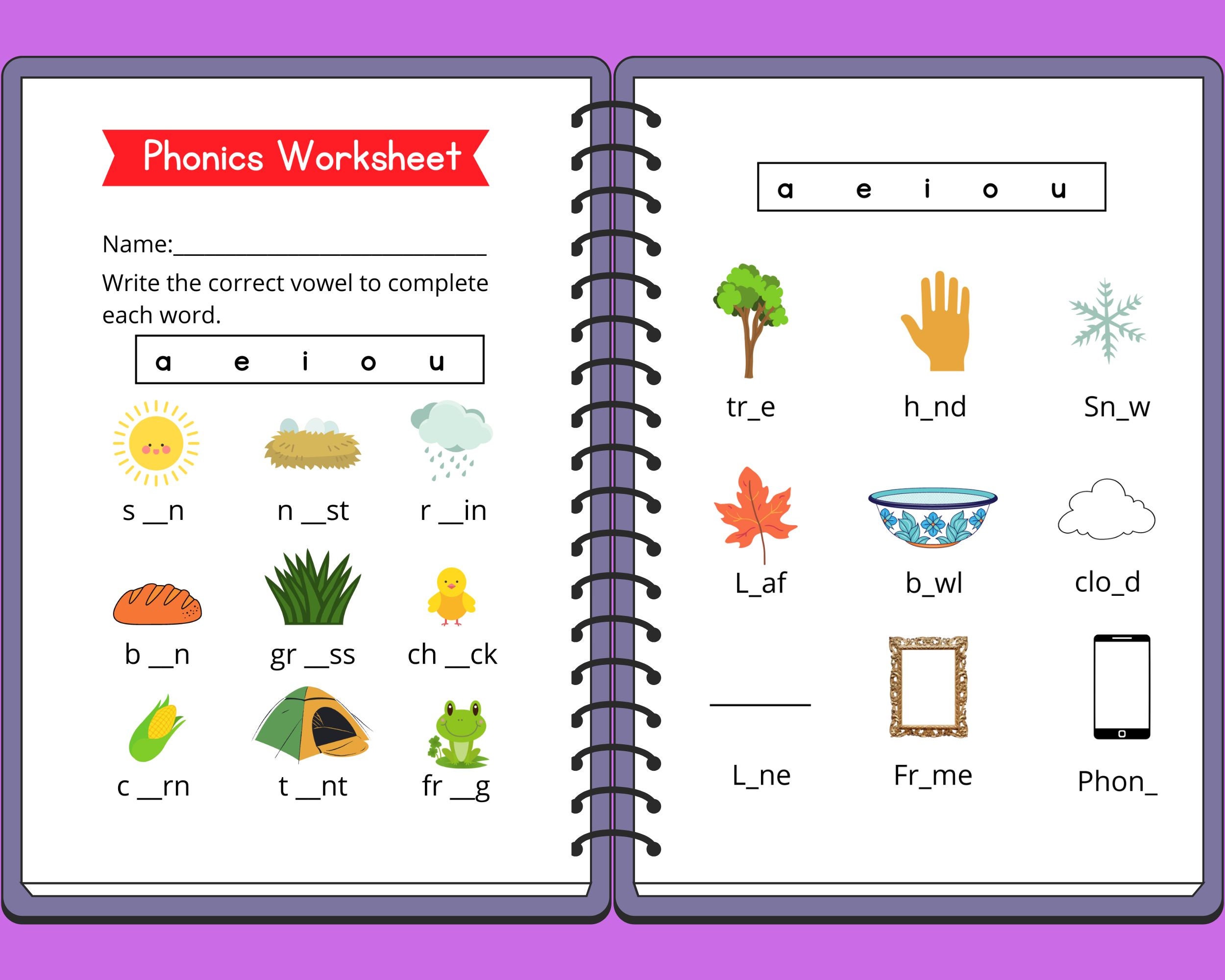 Phonics Worksheets Kids Work Sheet Vowel Phonics Worksheet - Etsy