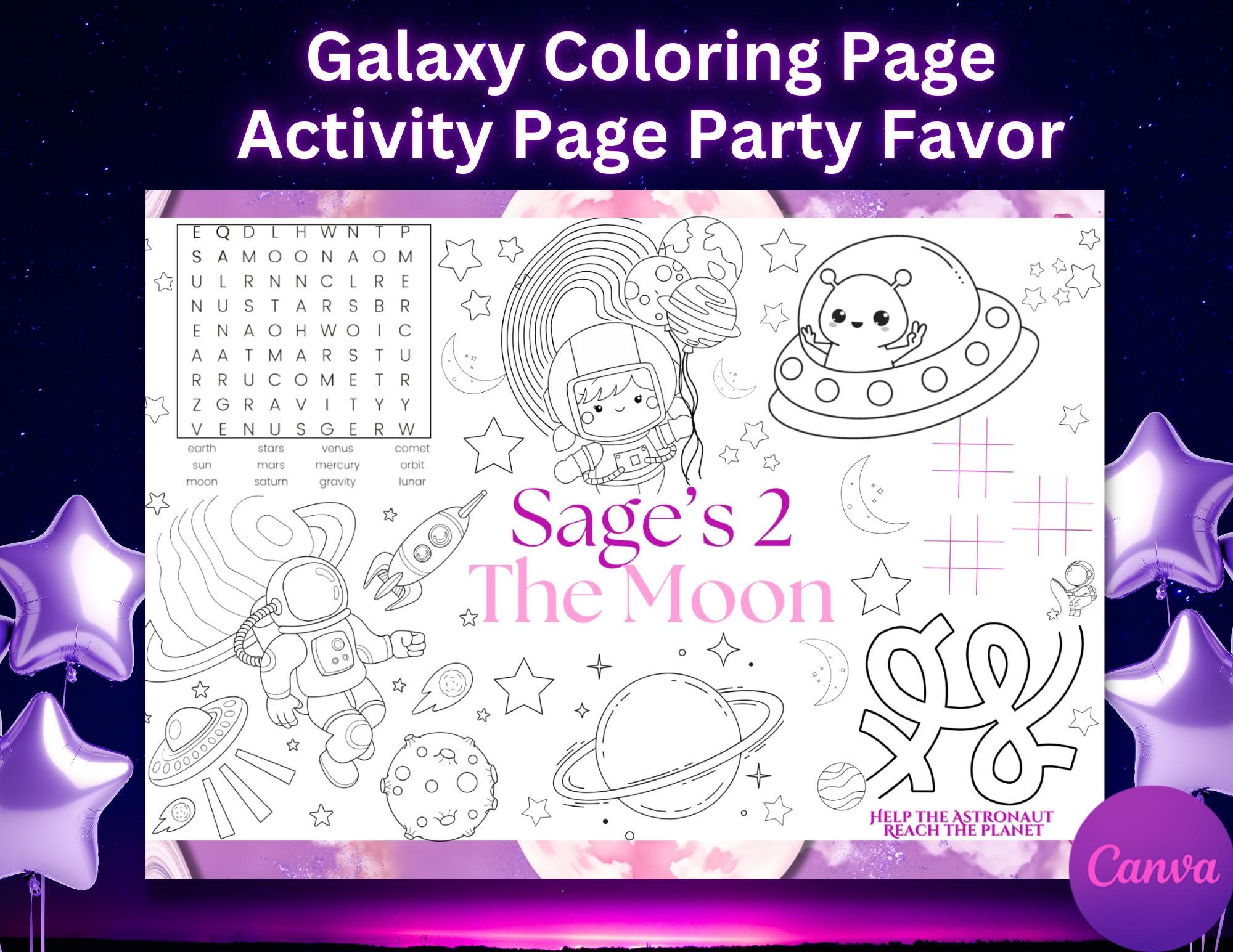 Galaxy Girl, Coloring Page, Activity Page, Party Favor, Astronaut Theme ...