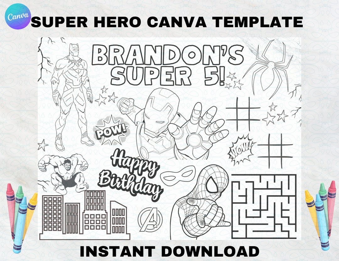 CANVA EDITABLE Superhero Coloring Page |birthday Activity | Superhero ...