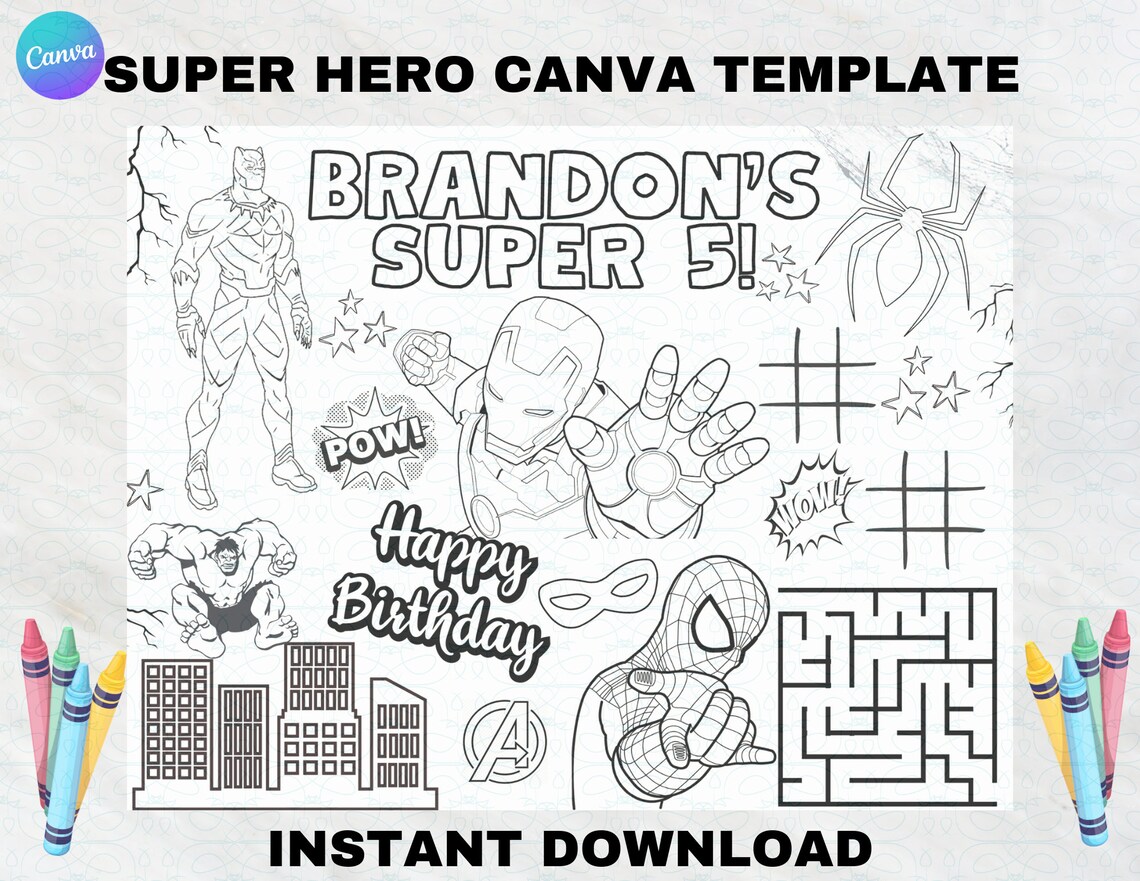 CANVA EDITABLE Superhero Coloring Page |birthday Activity | Superhero ...