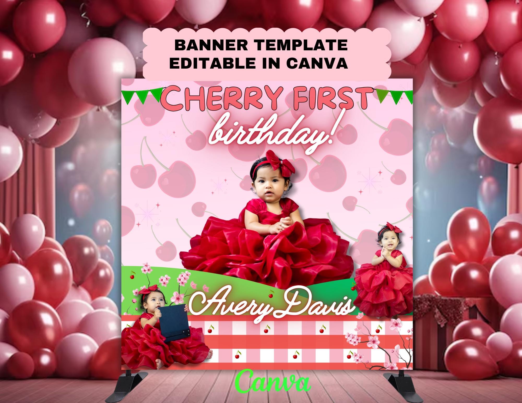 Editable Cherry Birthday Banner, Cherry on Top, 1st Birthday Bows and ...