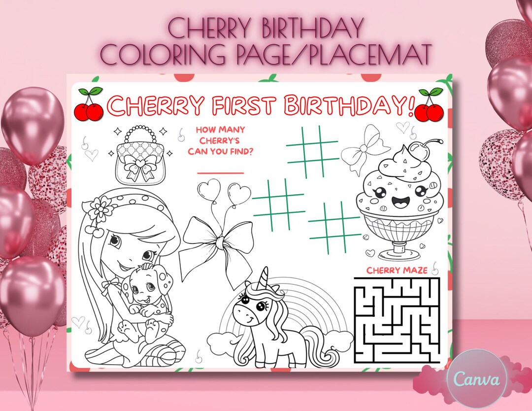 Cherry Birthday Theme, Coquette Theme, Coloring Page, Placemat, Canva ...