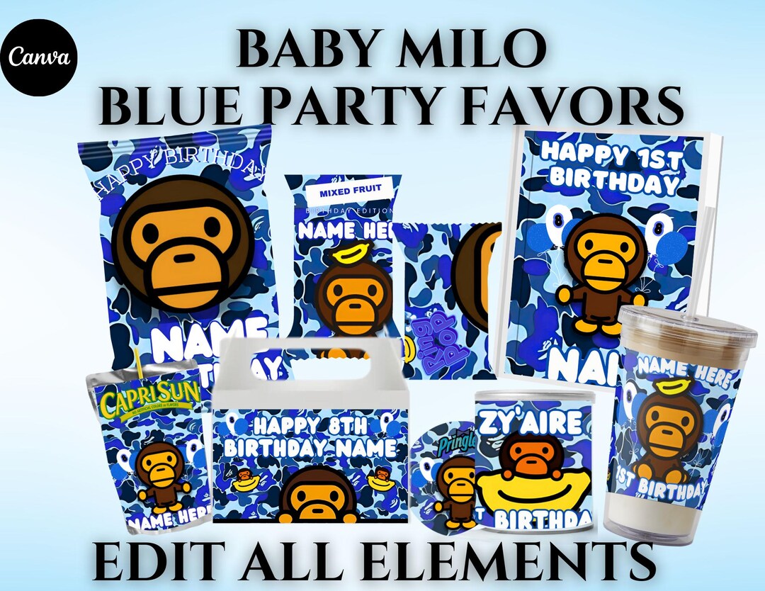 Blue Baby Milo Party Favors, Bape, Chip Bag, Gable Boxes, Pringle ...