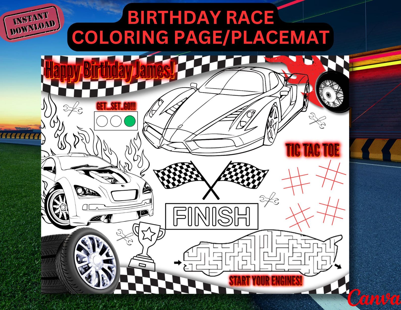 Race Car Coloring Page, Race Car Activity Mat, Any Age Race Car ...