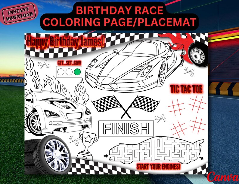 Race Car Coloring Page, Race Car Activity Mat, Any Age Race Car ...
