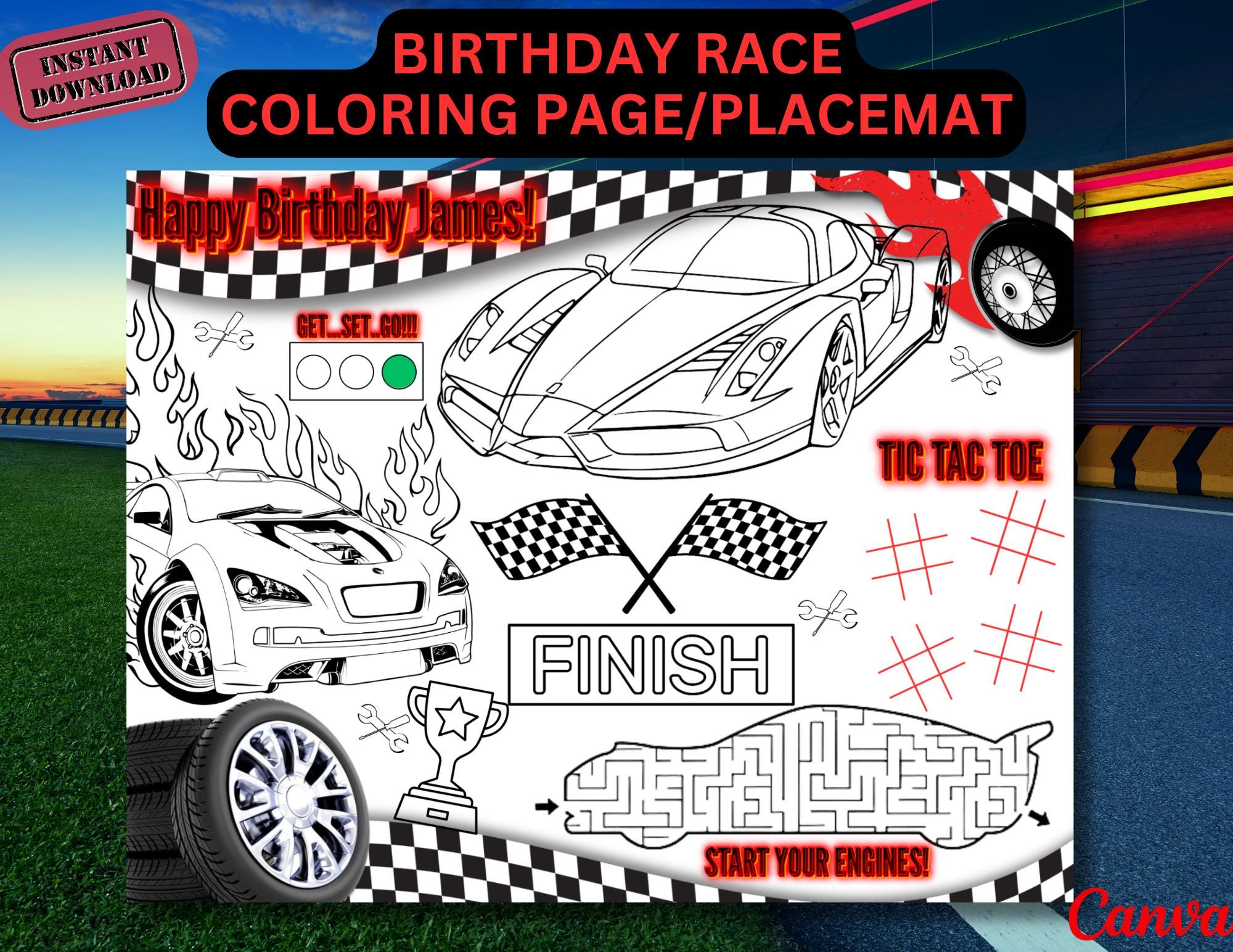 Race Car Coloring Page, Race Car Activity Mat, Any Age Race Car ...