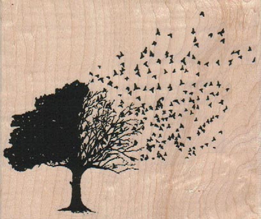 Leaves Blowing From Tree and Becoming Birds Rubber Stamp 4 1/4 X 3 1/2 ...