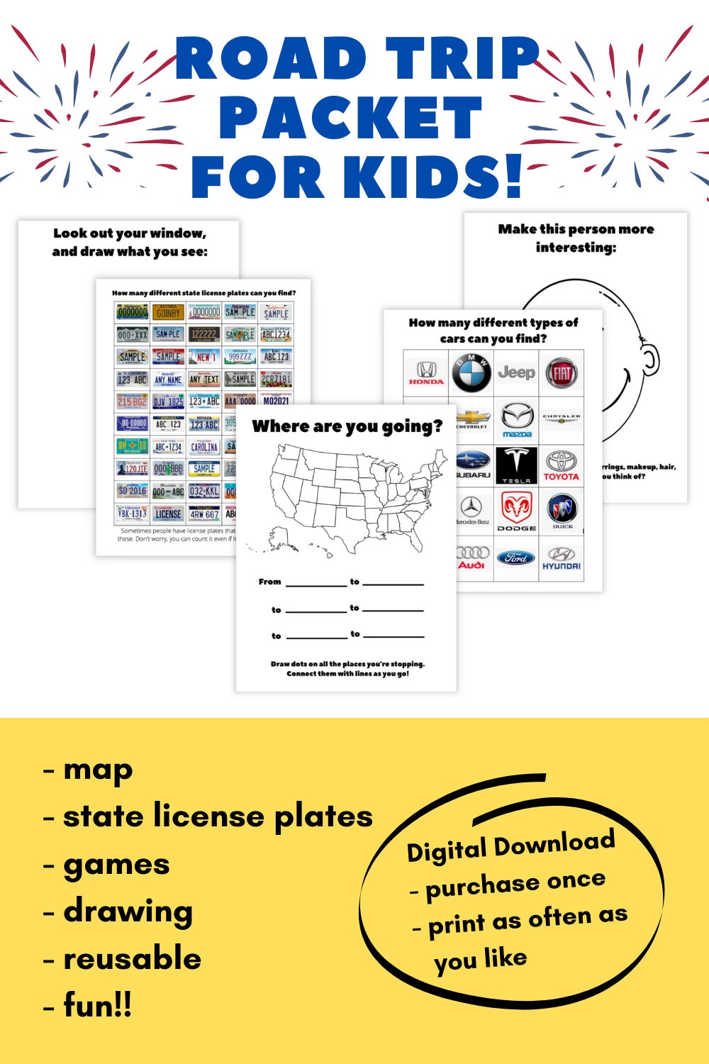 Road Trip Kids Packet - Digital Download Printable - Things to Do in ...