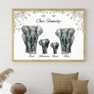 Elephant Family Wall Art, Family Portrait Print With Name, Mothers Day ...