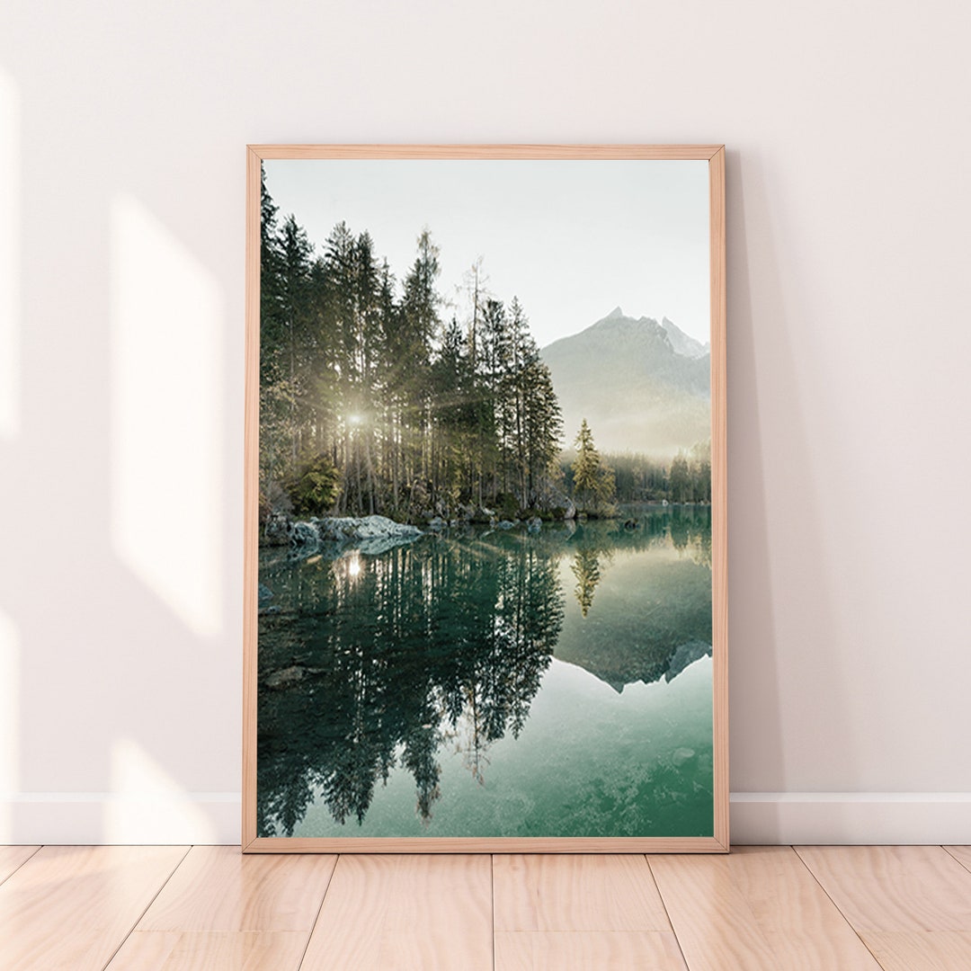 Morning View Lake Poster,download Art, Blue Trees Landcape Poster ...