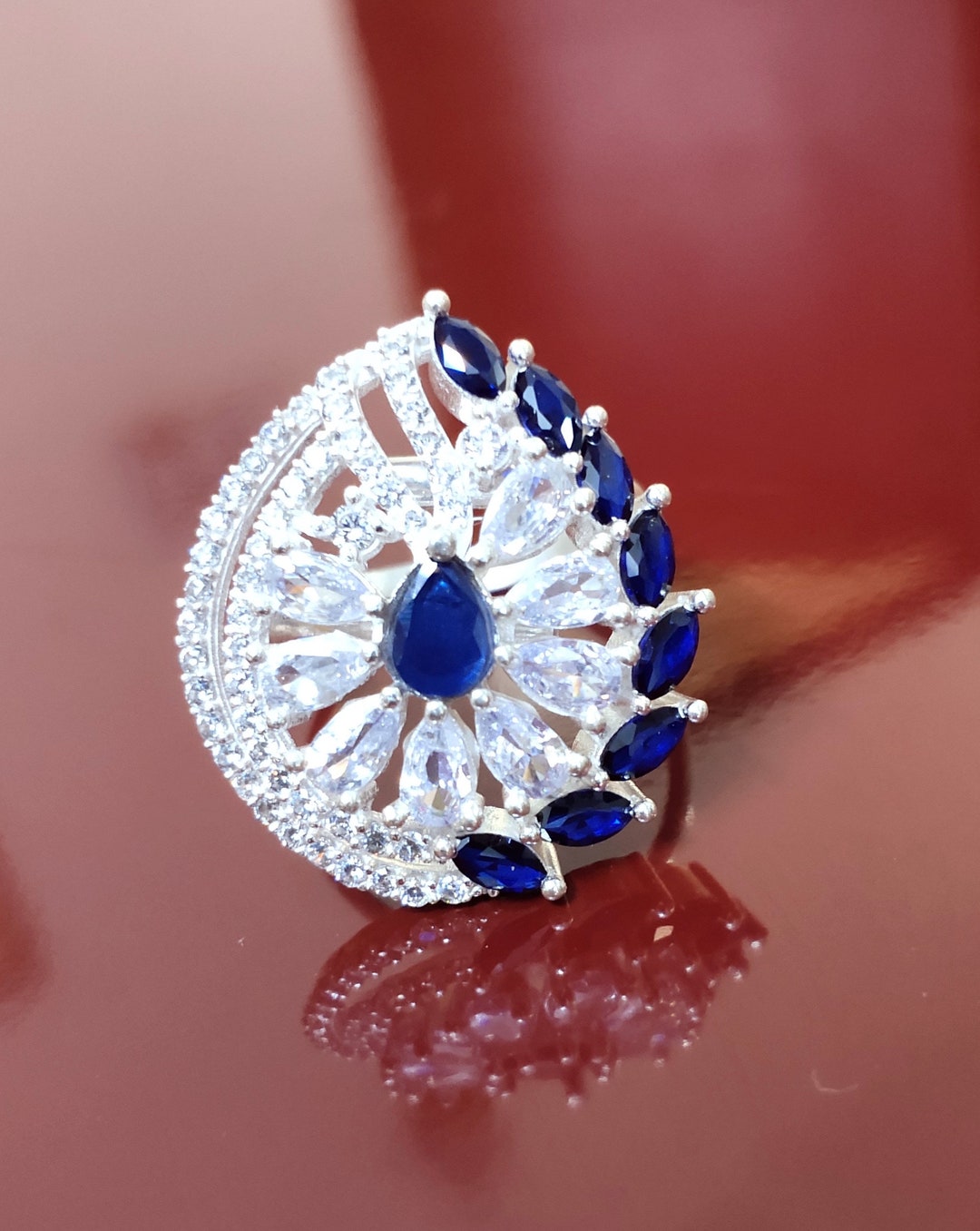 Cocktail Rings ,flower Ring / Blue Silver Rings / Vintage Giant Jumbo ...