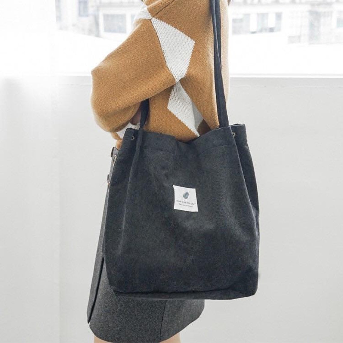 Women Corduroy Tote Bag With Inner Pockets Reusable Washable Etsy