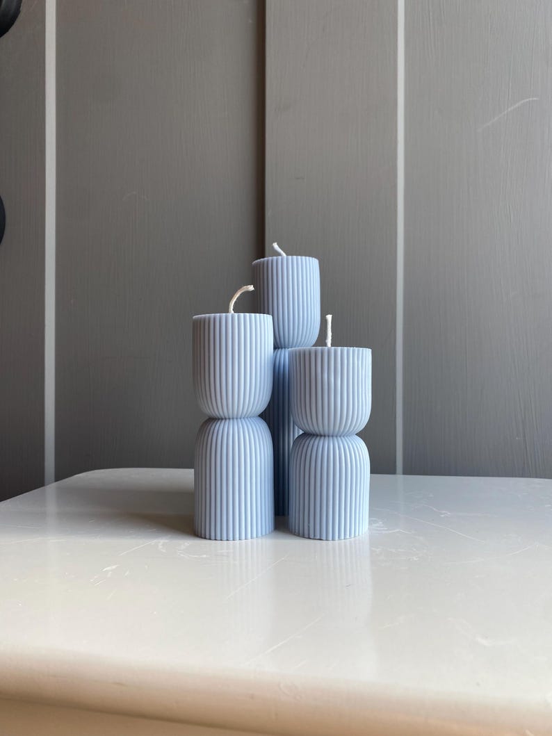 Hourglass Ribbed Pillar Candles| Soy Blue Sculptural Candle Set ...