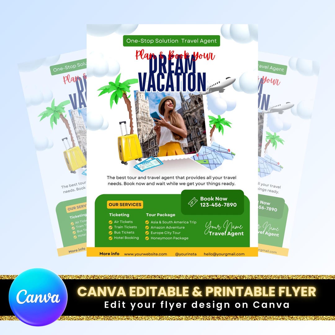 Editable Canva Travel Flyer Template Plan & Book Dream Vacations Custom ...
