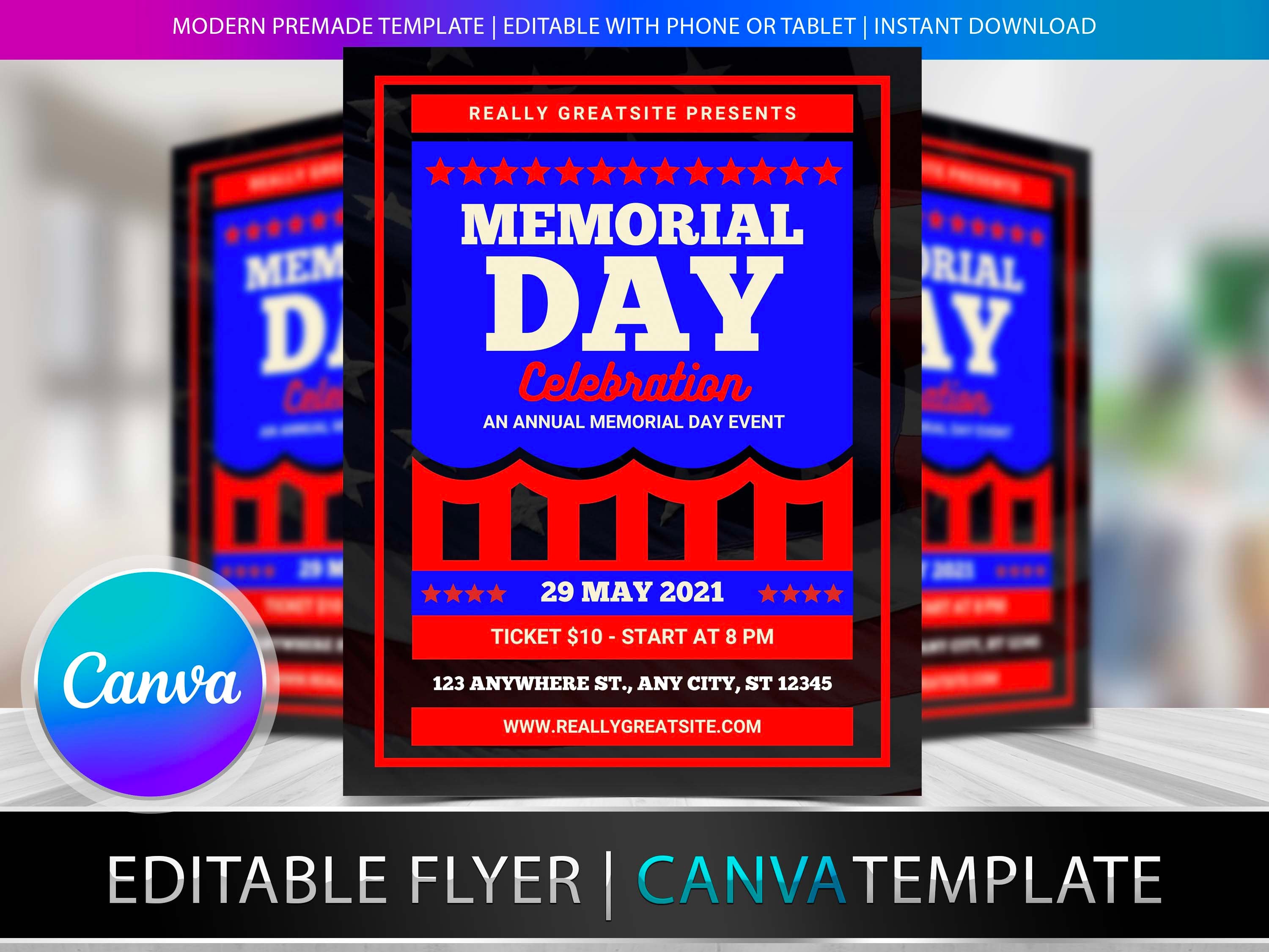 MEMORIAL DAY Flyer Diy Editable Canva Template, Printable & Social ...