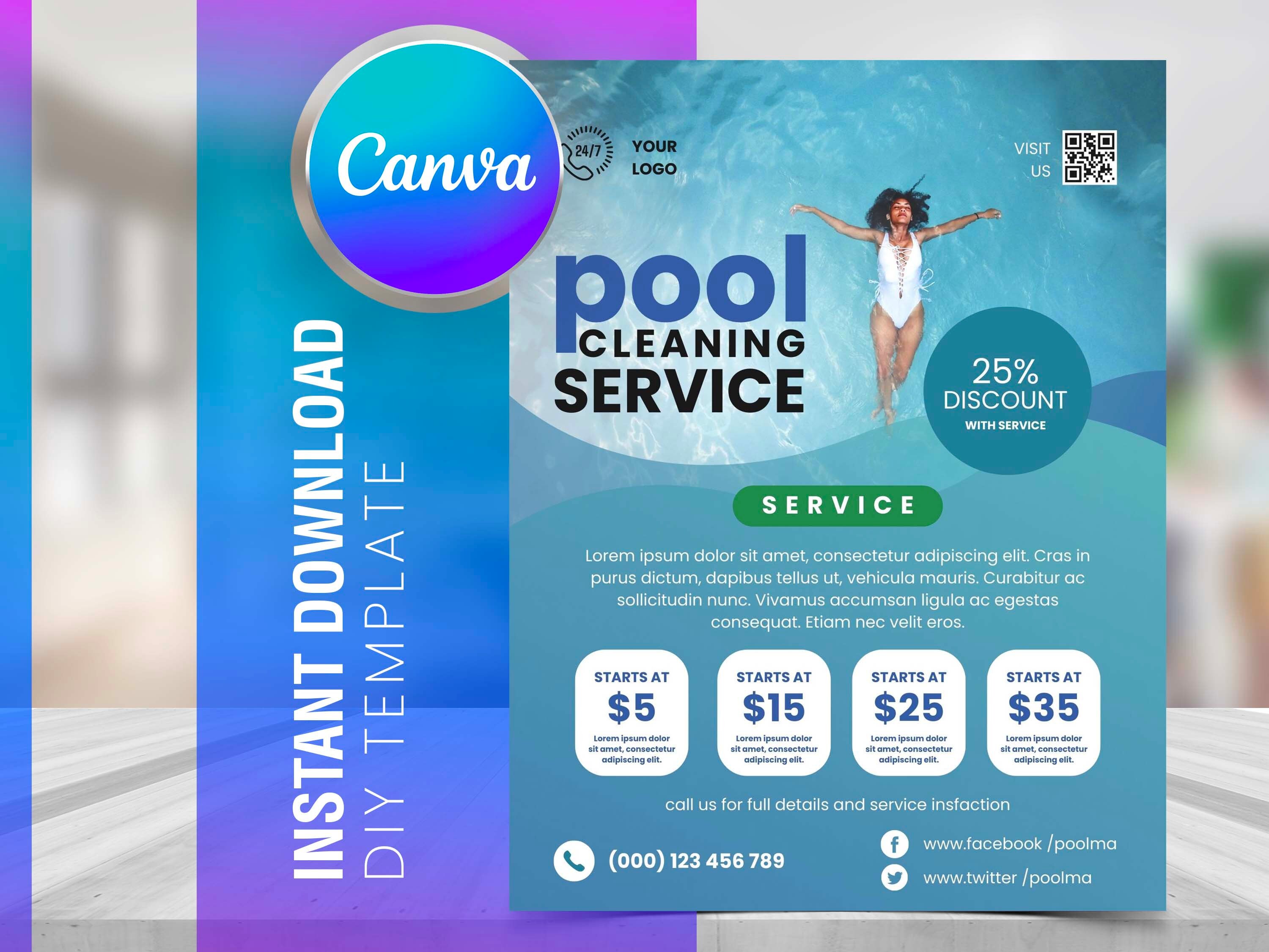 POOL MAINTENANCE FLYER, Diy Editable Canva Template, Printable & Social ...