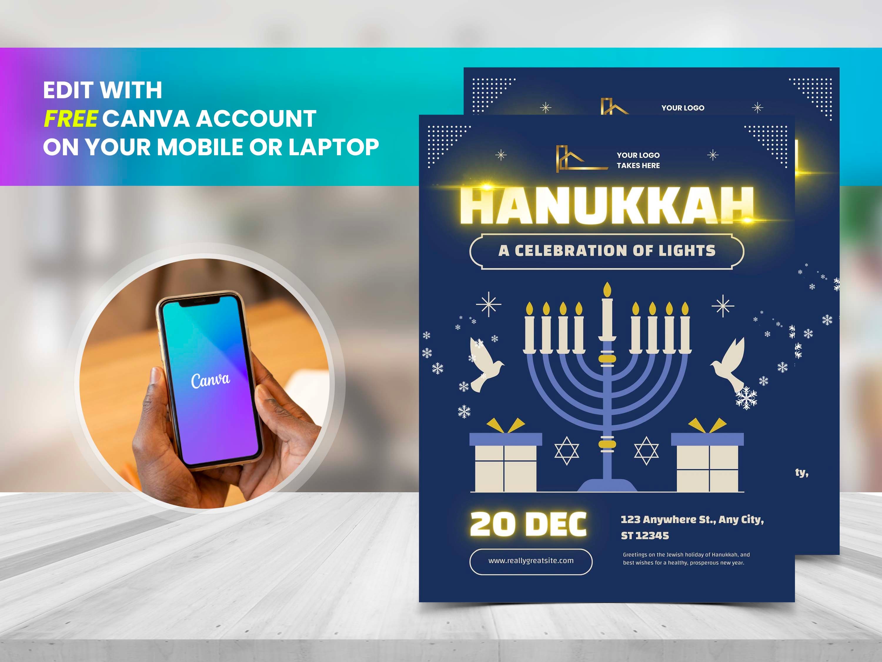 HANUKKAH FLYER DIY Editable Canva Template, Printable & Social Media ...