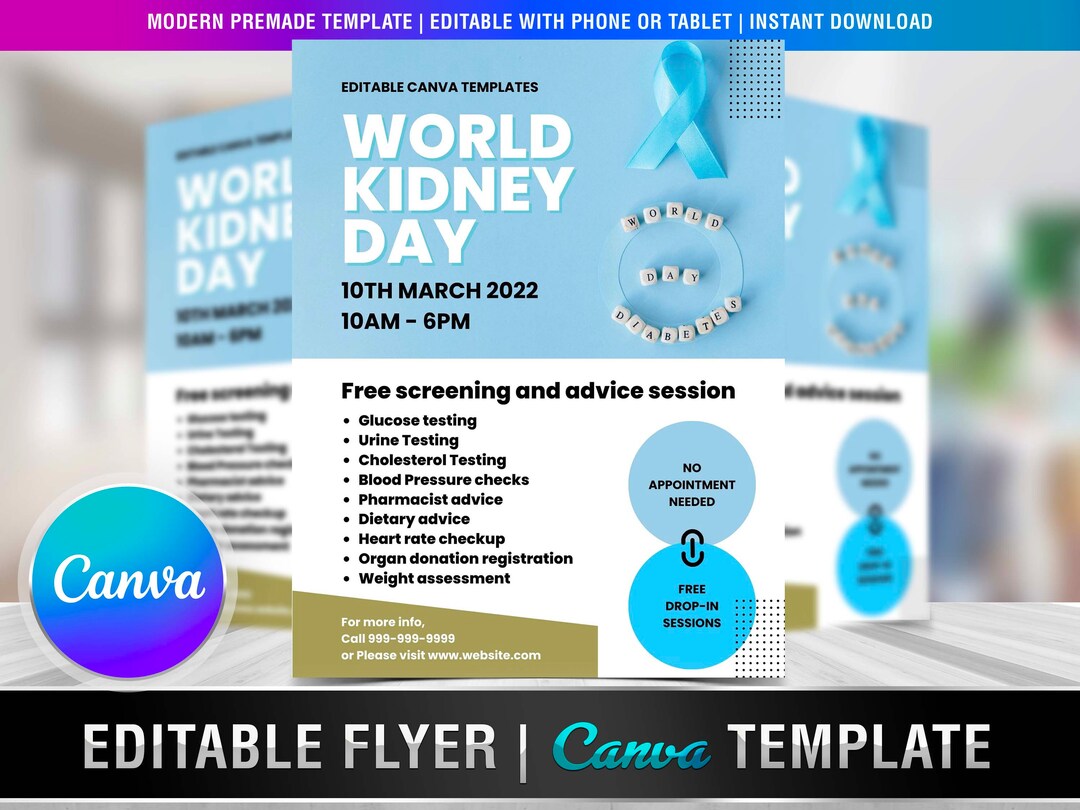WORLD KIDNEY DAY Flyer Diy, Editable Canva Template, Printable & Social ...