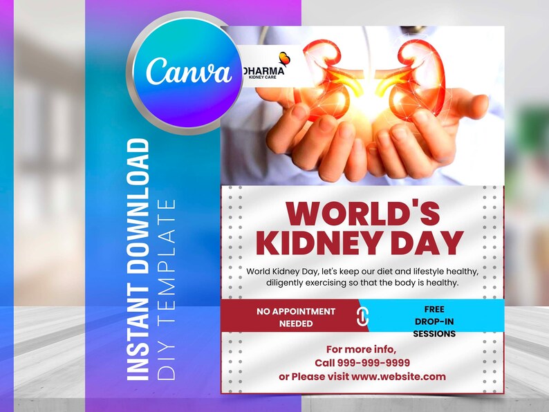 WORLD KIDNEY DAY Flyer Diy, Editable Canva Template, Printable & Social ...