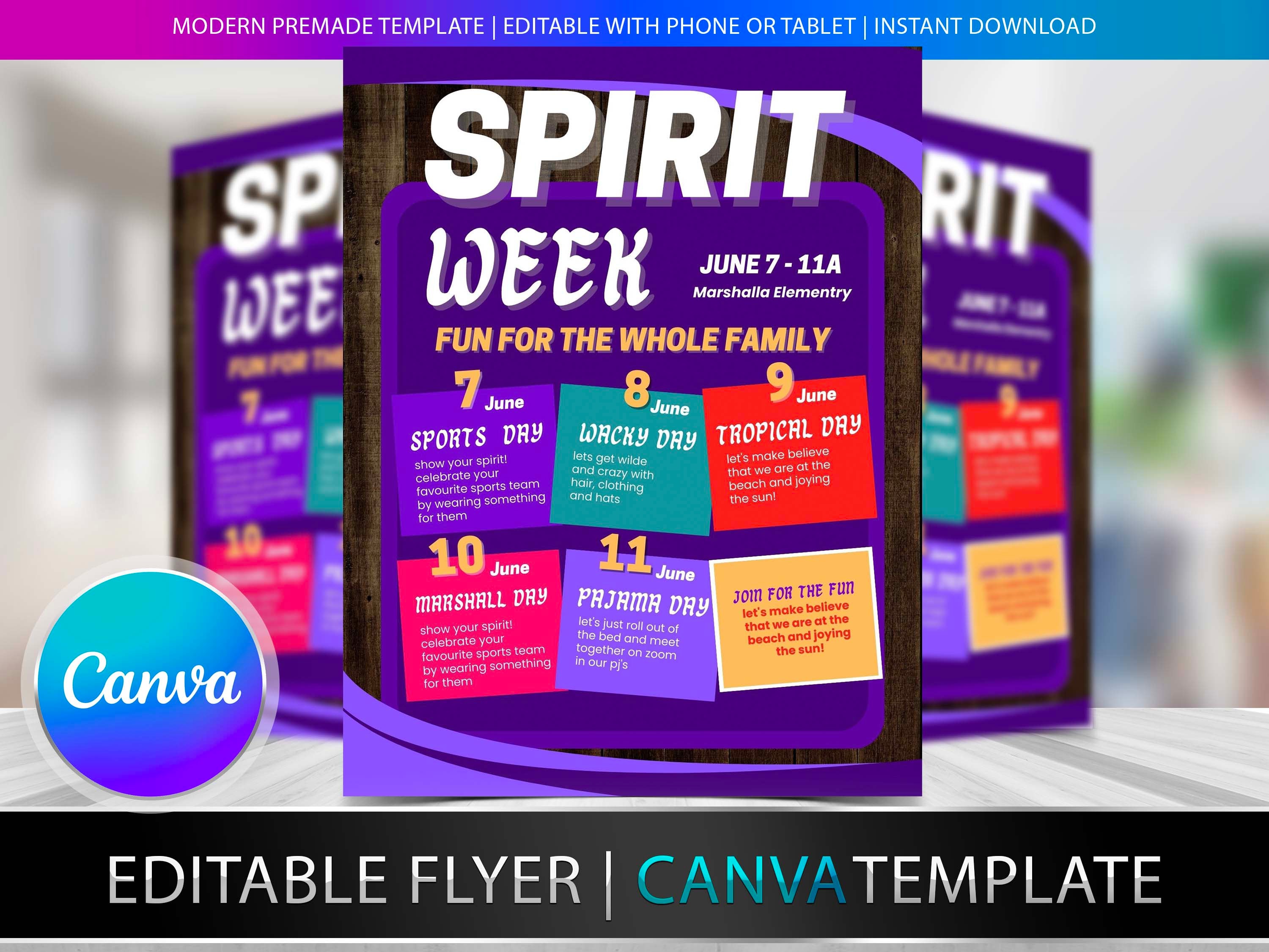SPIRIT WEEK FLYER Diy Editable Canva Template, Printable & Social Media ...