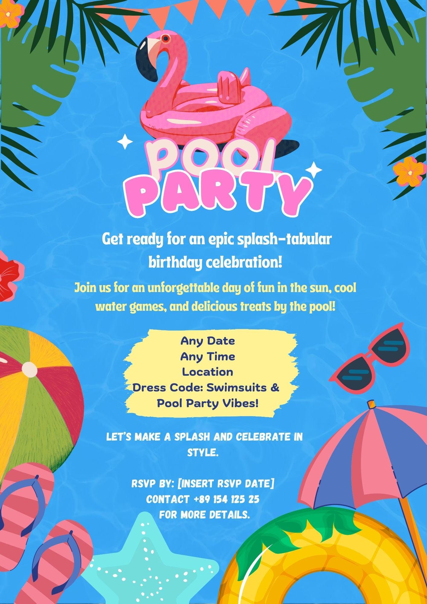 Customizable Pool Party Invitation Flyer Template - Editable Canva ...