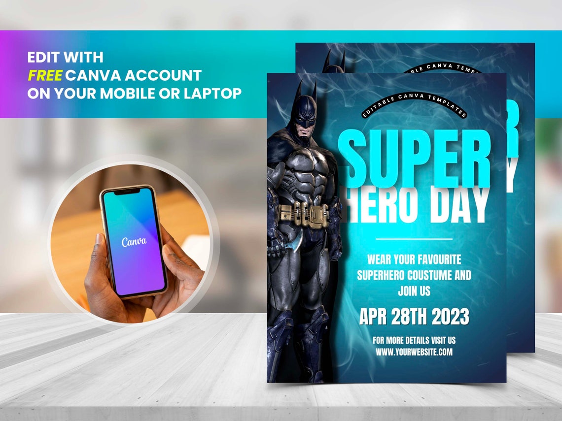 SUPER HERO FLYER Diy Editable Canva Template Printable & - Etsy