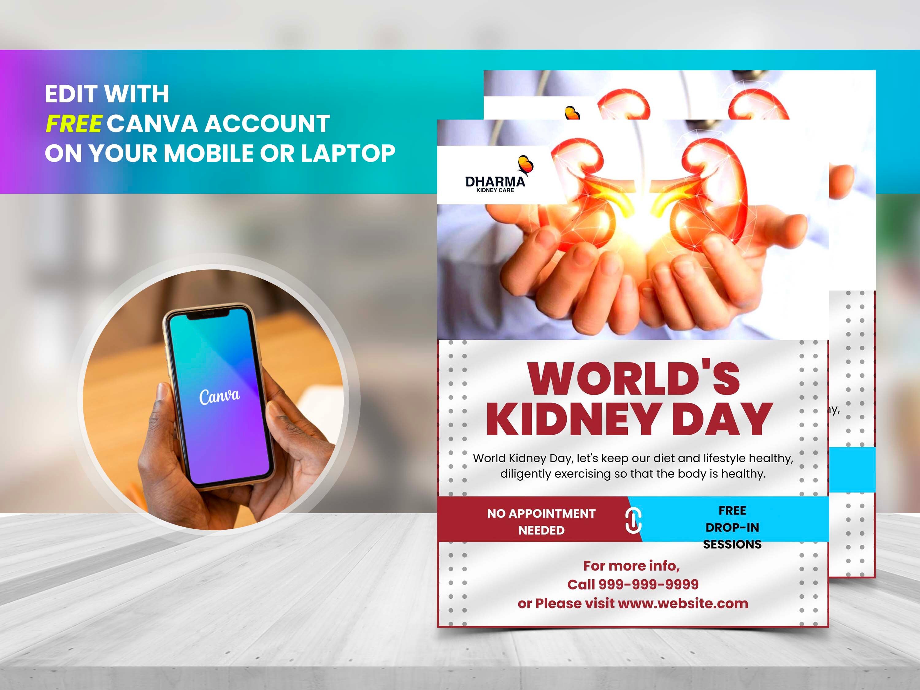 WORLD KIDNEY DAY Flyer Diy, Editable Canva Template, Printable & Social ...
